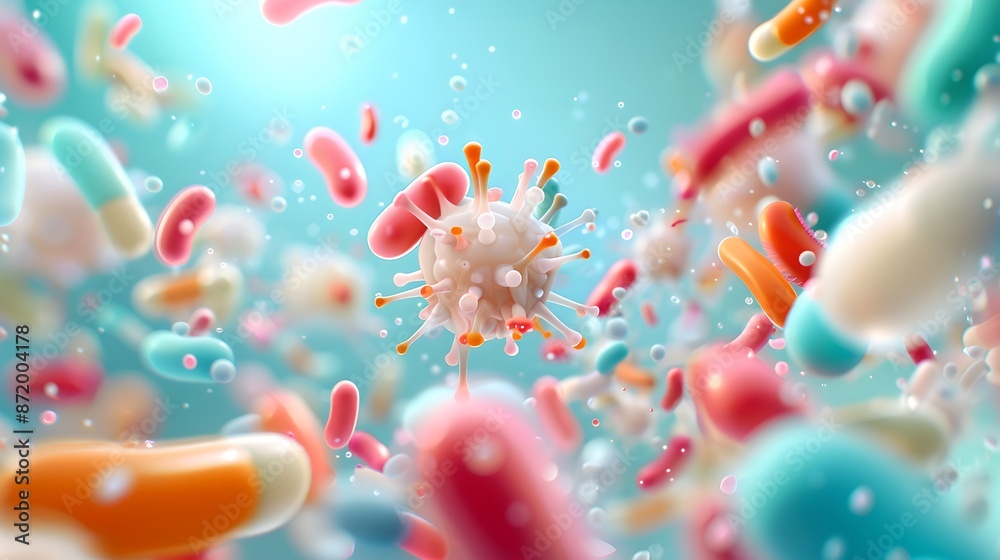 Minimalist 3D abstract background with realistic bacteria representing ...
