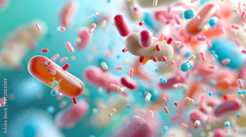 Realistic 3D abstract depiction of bacterial pathogenesis, set against ...