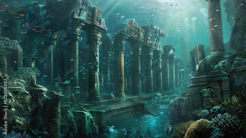 Fantasy artwork of ancient ruins submerged underwater, with marine life ...