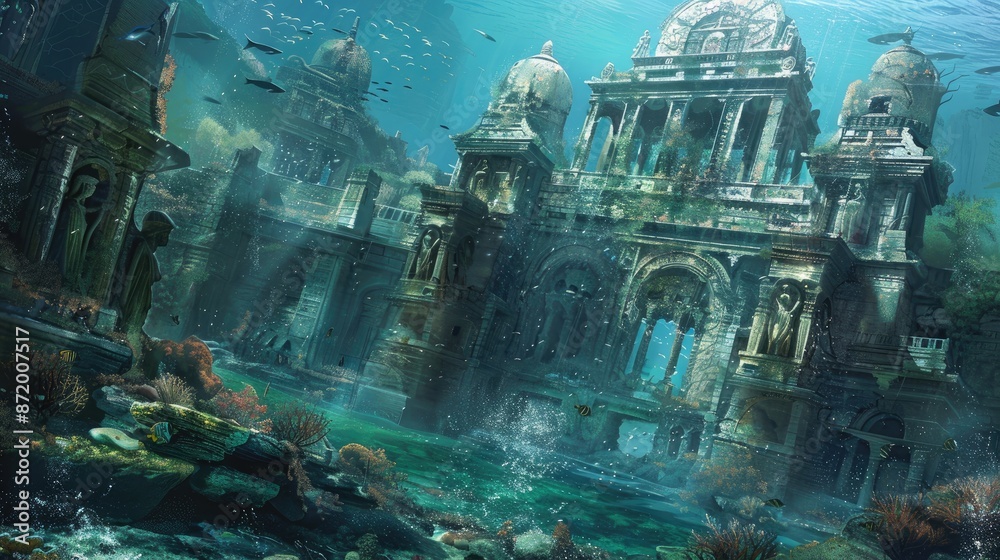 Fantasy artwork of ancient ruins submerged underwater, with marine life ...