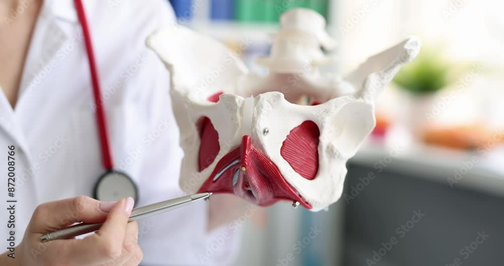 Doctor holds anatomical model of human pelvis with pelvic bones ...