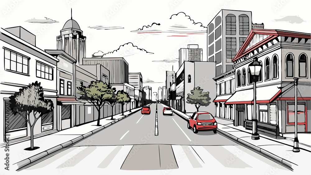 detailed realistic sketch of city street scene, isolated on pristine ...