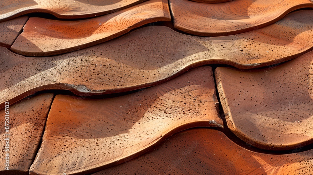 Undulating terracotta roof tiles, arranged in an overlapping pattern ...