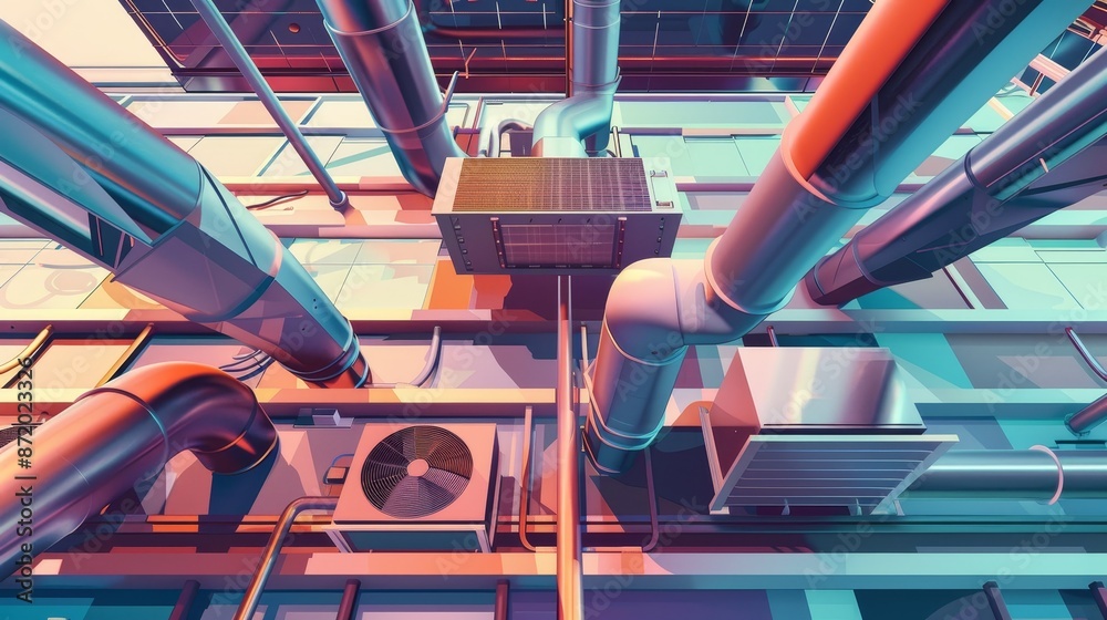 An illustration of a building HVAC system, with air ducts and air ...