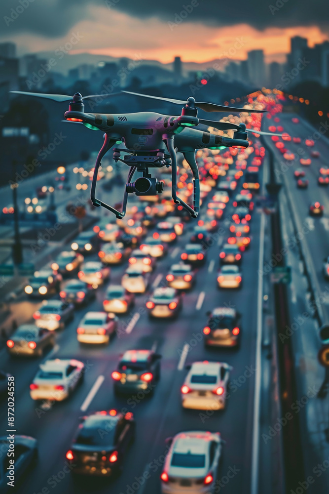 Drone helicopter monitoring traffic on a busy highway. Urban traffic ...