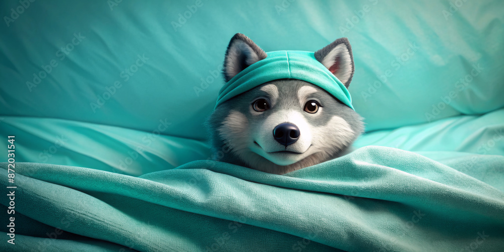 A cute cartoon husky is tucked in bed, wearing a green sleeping cap ...