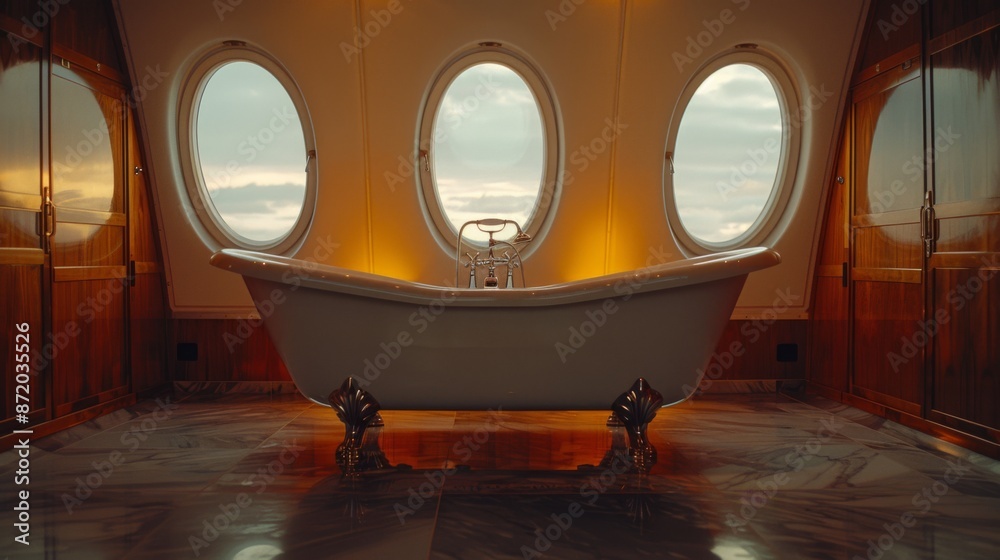 Detailed photograph of the bathroom inside an aircraft fuselage house ...