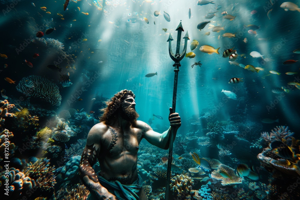 Underwater Scene of Poseidon, the God of the Sea, Surrounded by Marine ...