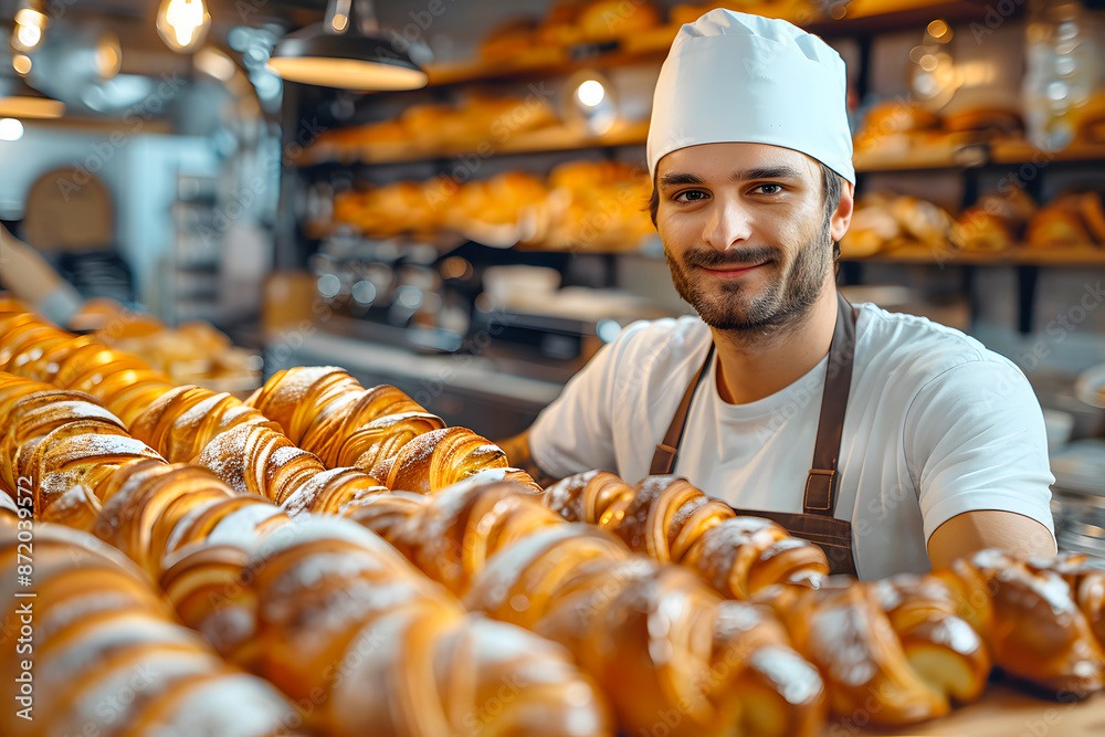 Smiling male baker in white hat and apron, standing proudly behind a ...