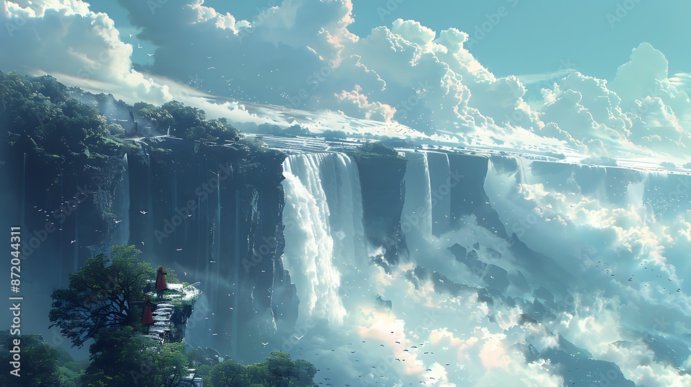 An anime fantasy scene of Niagara Falls, surrounded by floating islands ...