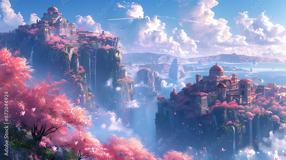 An anime fantasy scene of Santorini, surrounded by floating islands and ...