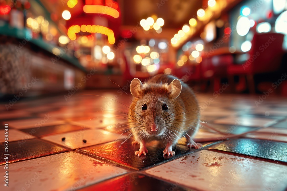 Cute mouse on a retro diner floor with blurred background and warm ...
