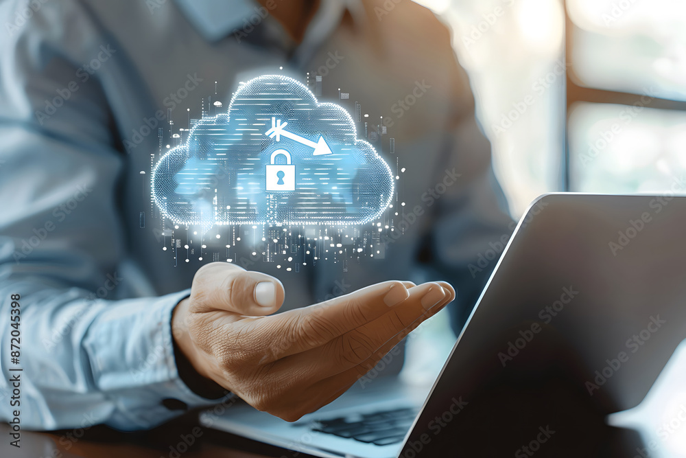 Cloud computing security system concept. People use laptops with touch ... Cloud computing security system concept. People use laptops with touch ...