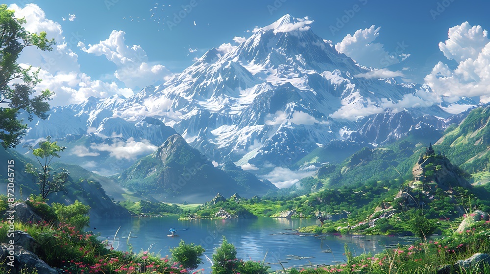 An anime fantasy scene of Mount Fuji, surrounded by floating islands ...