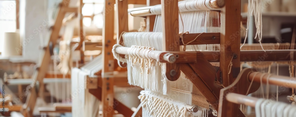 Weaving workshop with looms and threads in various stages of completion ...