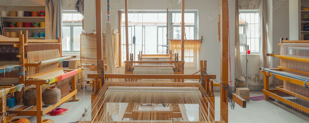 Weaving workshop with looms and threads in various stages of completion ...