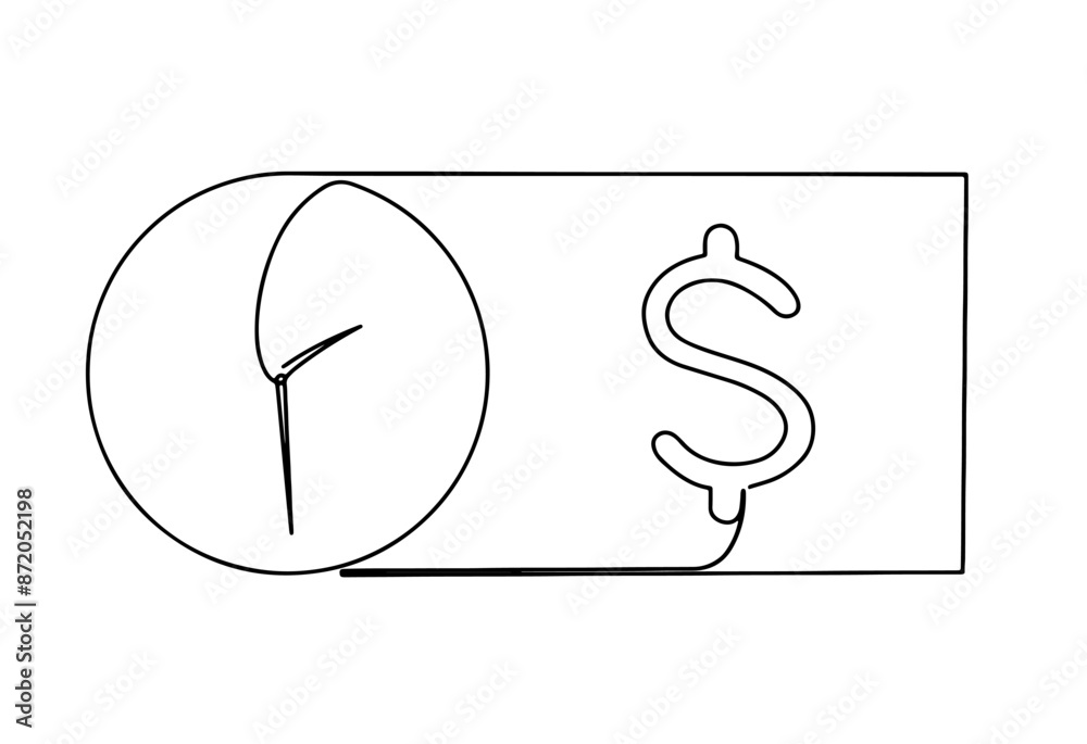 Continuous line drawing of clock dollar bill icon isolated on ...