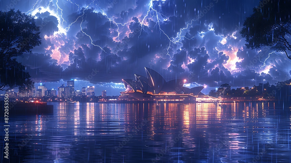 An anime scene of the Sydney Opera House during a thunderstorm, with ...