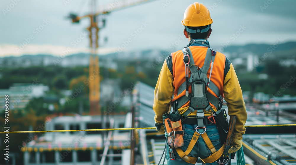 Construction worker wearing safety helmet and harness diligently ...