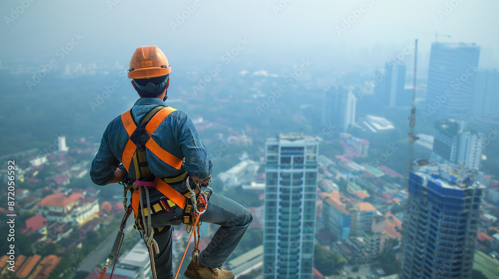 Construction worker wearing safety helmet and harness diligently ...