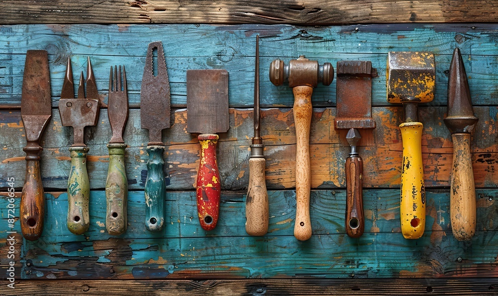 flat lay set of vintage carpentry tools on colorful wooden background ...