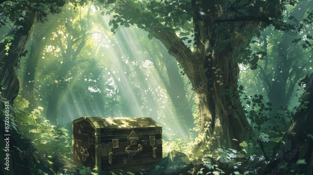 Imaginative artwork portraying a treasure chest surrounded by towering ...