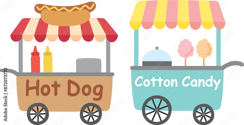 Cute cotton candy machine cart and hot dog cart. Cartoon vector ...