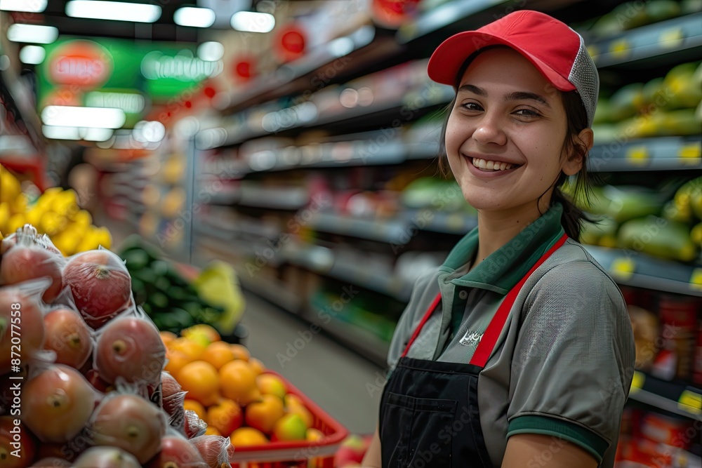 A cheerful grocery store employee wearing a red cap and apron, smiling ...