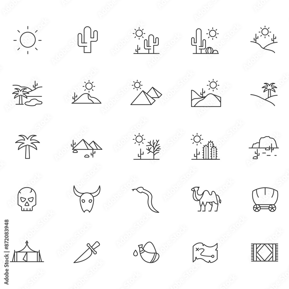 Desert Icons Vector Illustration EPS File | Line Art Desert Symbols ...