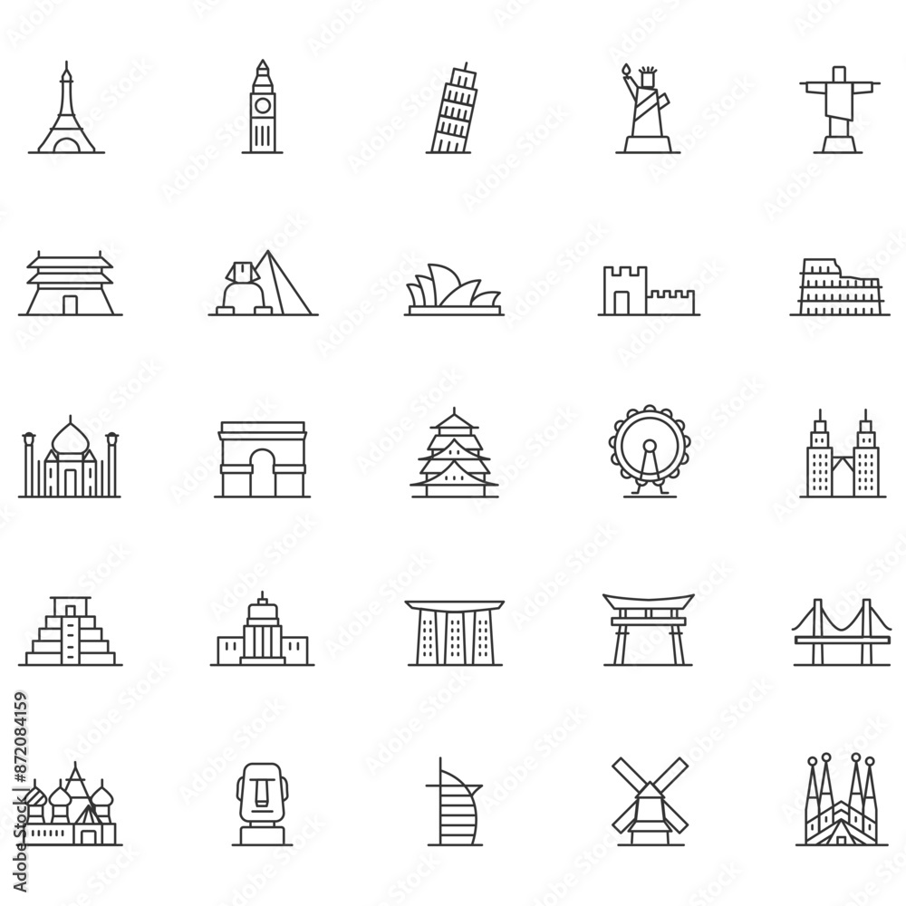 Landmark Icons Vector Illustration EPS File | Line Art Landmark Symbols ...