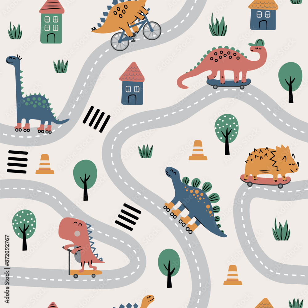 Dinosaurs in the cite with road map seamless pattern. Cute cartoon dino ...