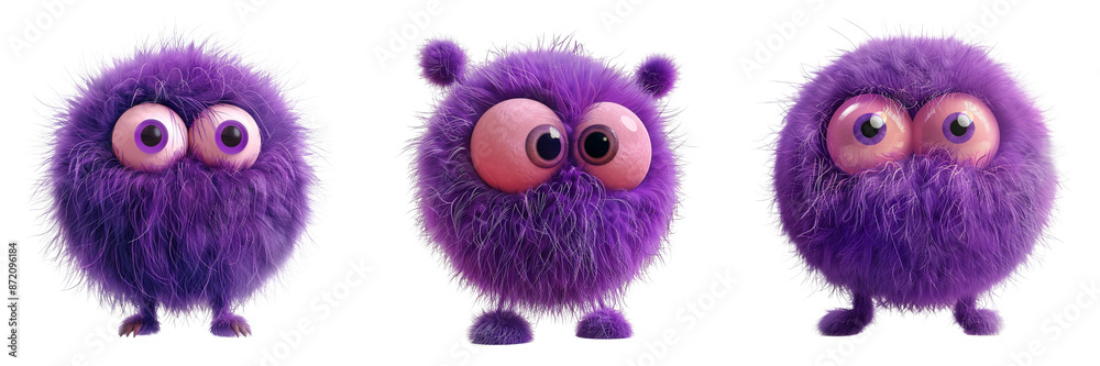 Set of A cute purple fur ball monster with tiny hands and feet on ...