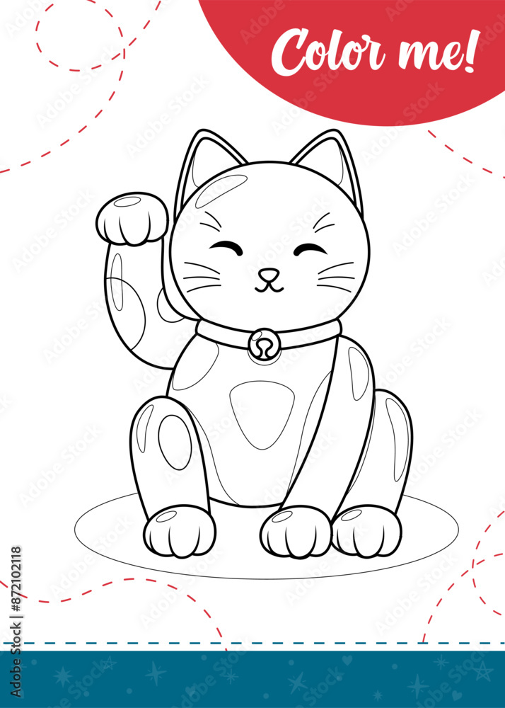 Coloring page for kids with cartoon Japanese lucky cat maneki neko. A ...