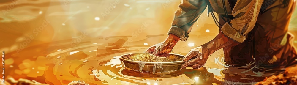 Illustrator drawing of a gold panning scene, with a miner carefully ...