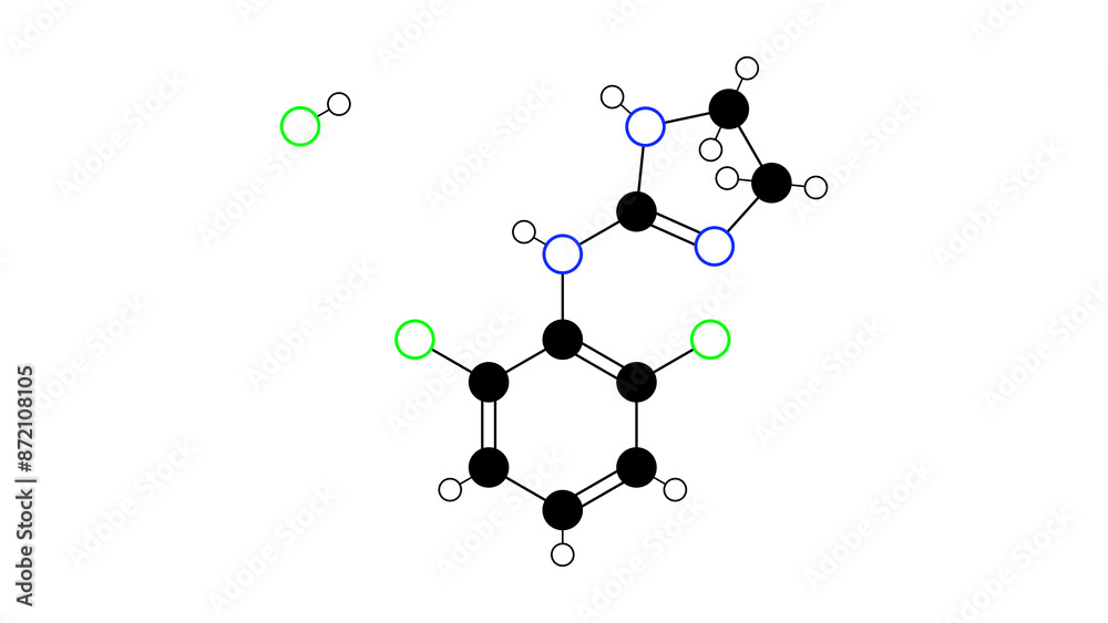 clonidine hydrochloride molecule, structural chemical formula, ball-and ...