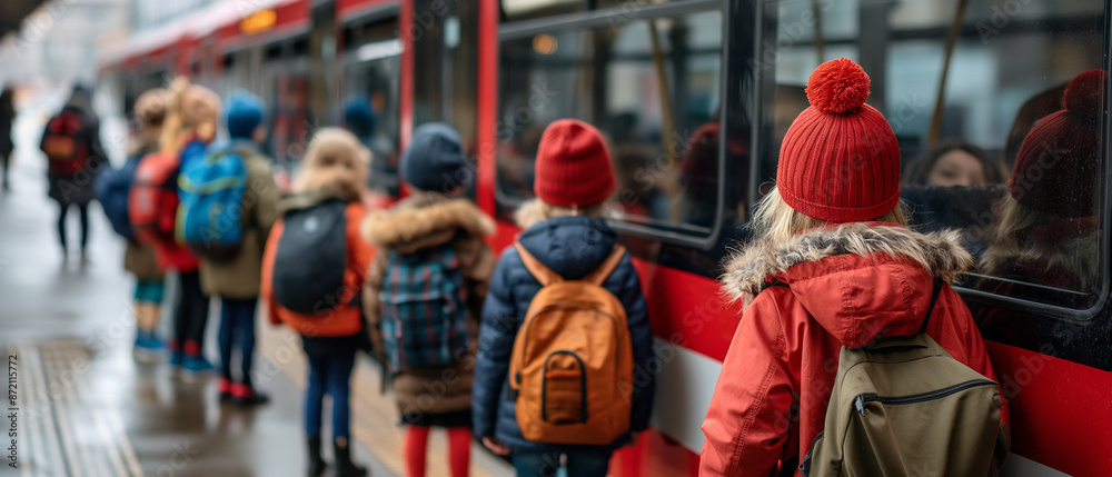 Foto de Children using public transportation, like buses and trams, to ...
