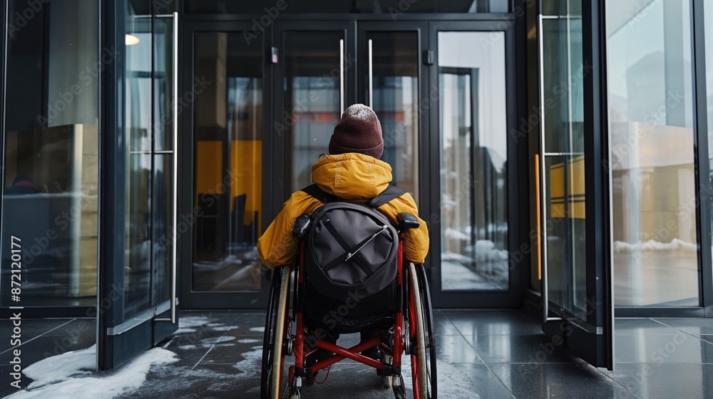 Wheelchair user facing an inaccessible building entrance, highlighting ...