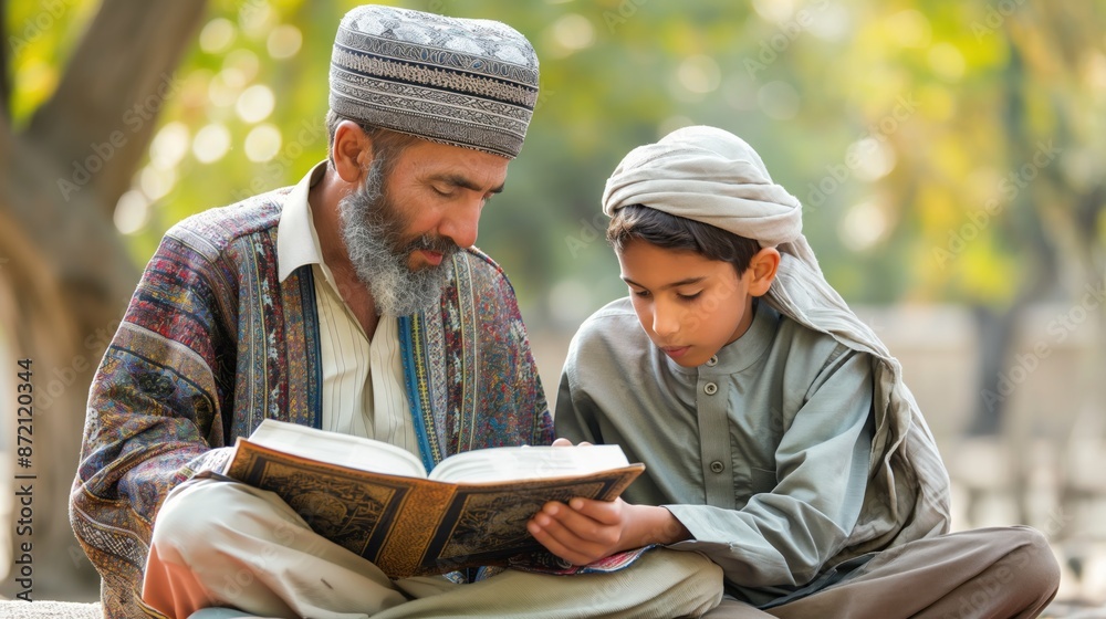 Young boy learns to recite the Quran, sitting attentively with his ...