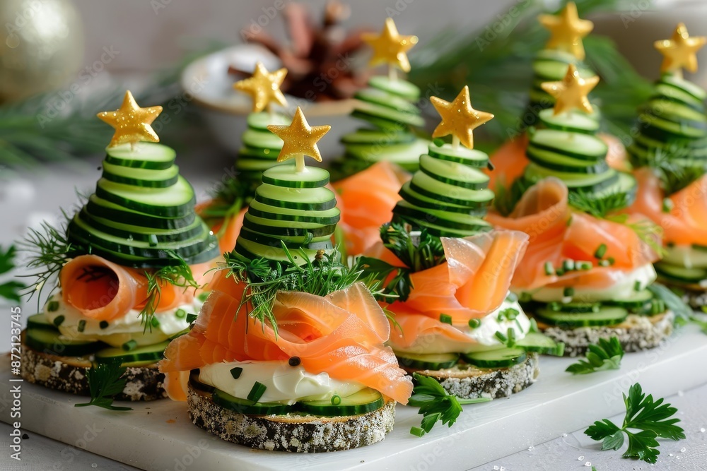 Smoked Salmon, cucumber and cream cheese canapes in the shape of ...