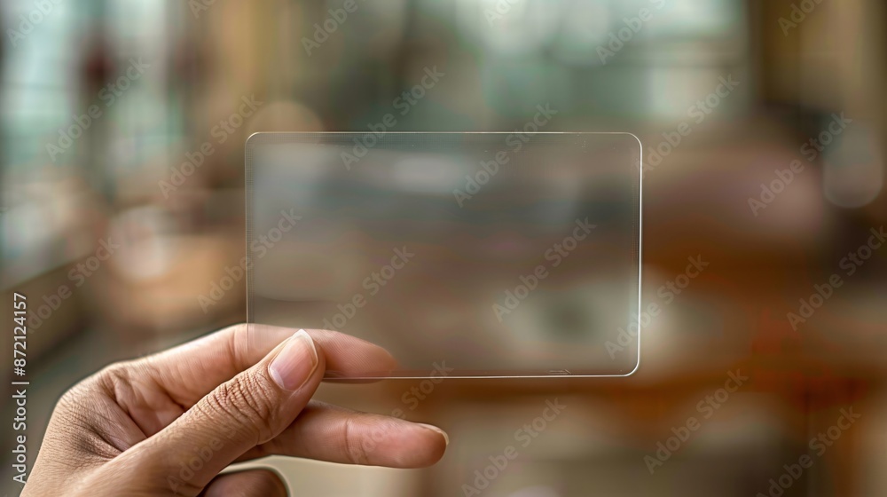 Mockup of hand holding blank translucent card as call-card template ...