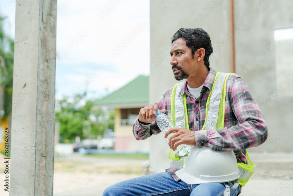 Asian male engineer in reflective vest and white hard hat taking a ...