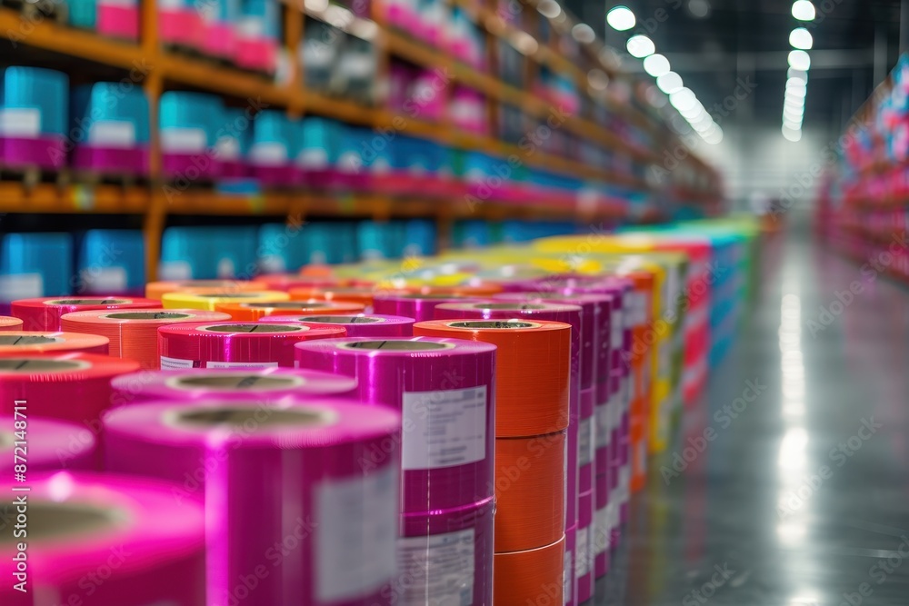 Rows of colorful rolls of vinyl or material in a warehouse. Bright ...