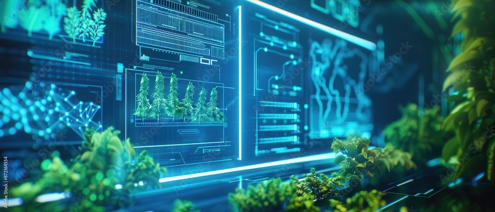 Futuristic digital interface displaying plant growth data in a high ...