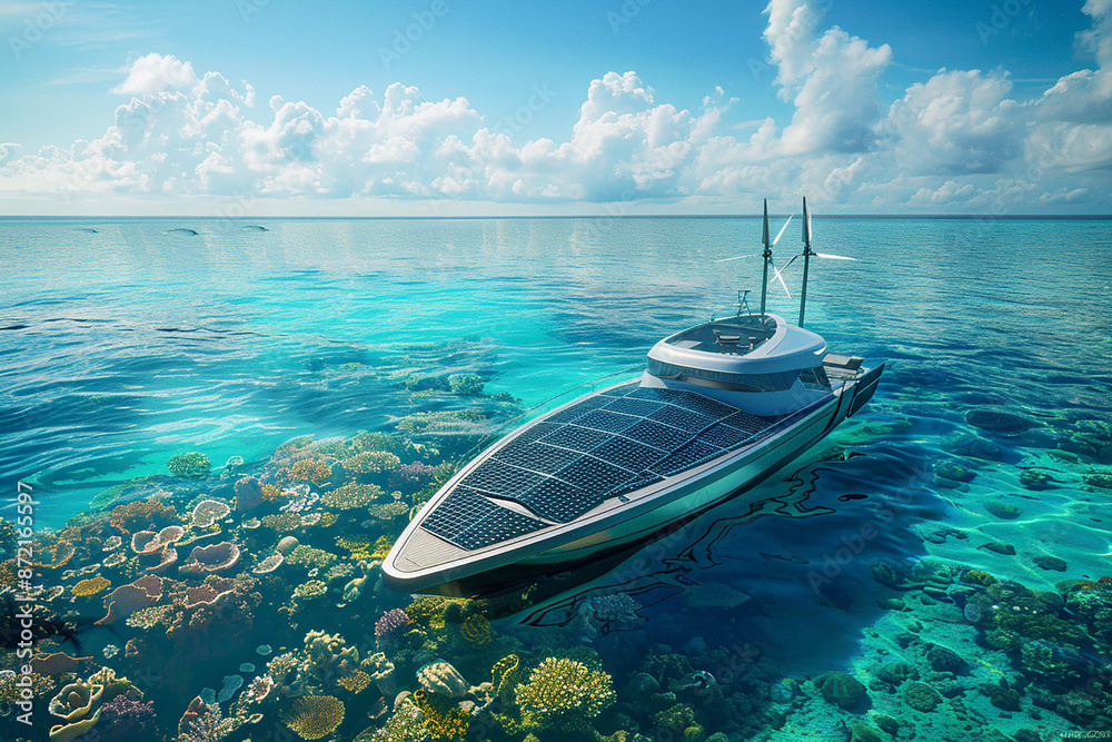A modern yacht with solar panels and wind turbines floats above a ...
