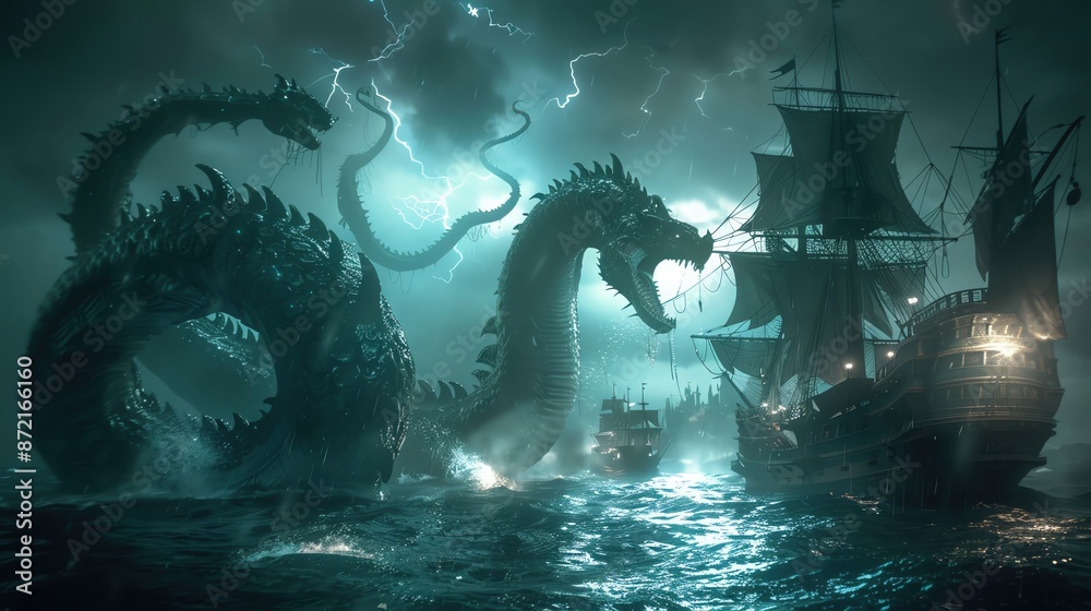 Epic sea monster battling pirate ship during storm with lightning in ...