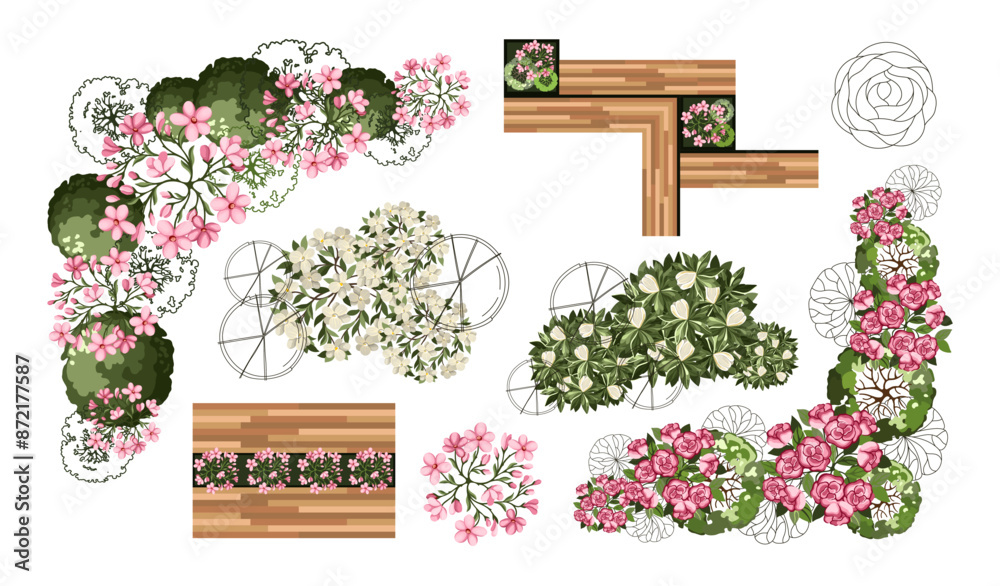 Top view elements for the landscape design plan. Trees and bench for ...