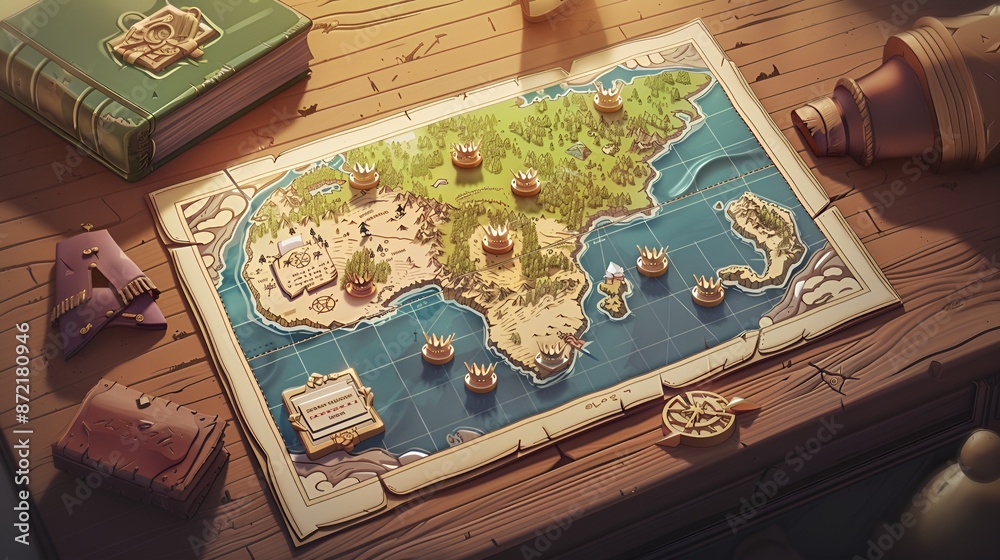 Chibi Anime Style Map on Table with Crowns as Markers in Thick Line Art ...