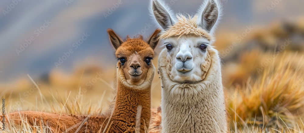 A charming depiction of a llama and its cria (baby llama), showcasing ...
