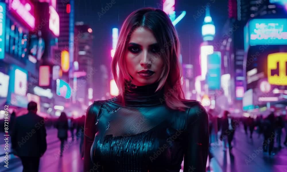 A cyberpunk woman stands in the midst of a city bathed in neon lights ...