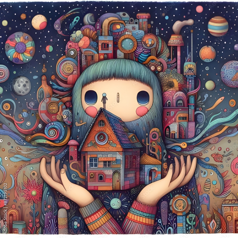 Ilustración, infantil, surrealismo, manga, animé, retro, personaje ...